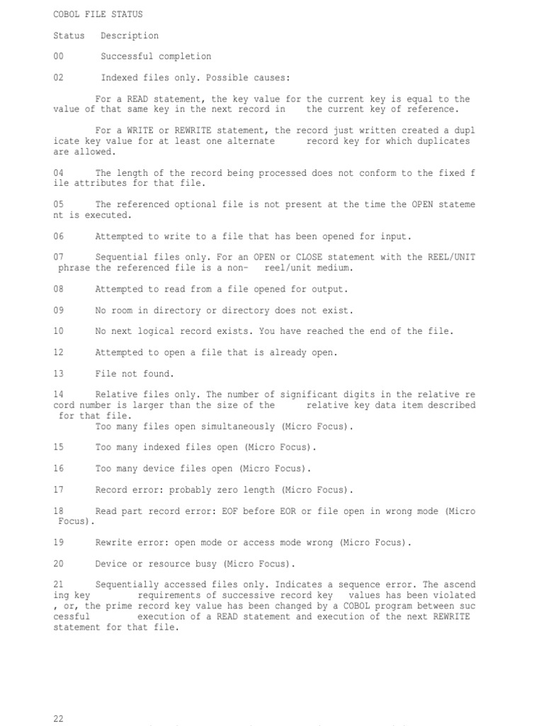COBOL File Status Codes | PDF | Input/Output | Computer Programming