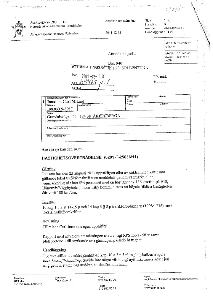 Stämningsansökan, Brottsregister Och Personutredning För Calle Jonsson ...