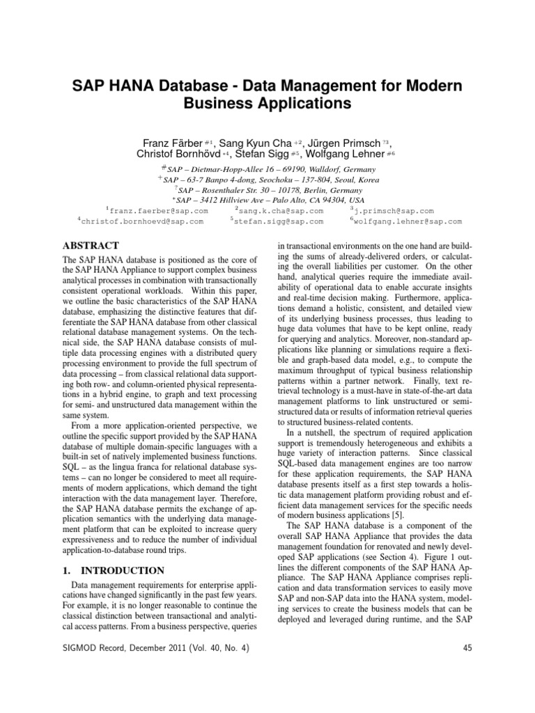 SAP HANA Database - Data Management For Modern Business Applications | PDF