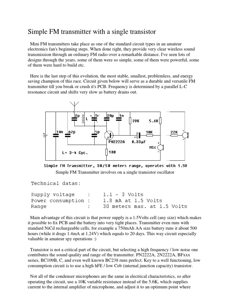 Simple FM Transmitter With A Single Transistor | PDF | Transmitter ...