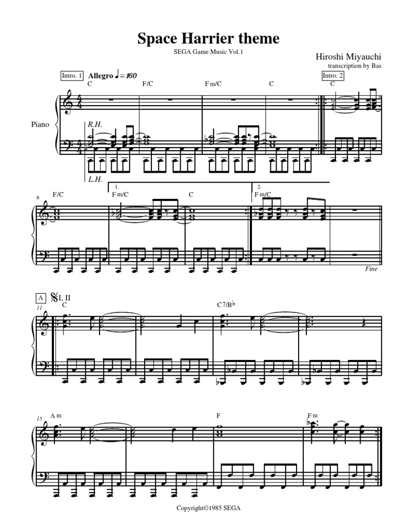 Space Harrier Theme (sega video game sheet music piano)