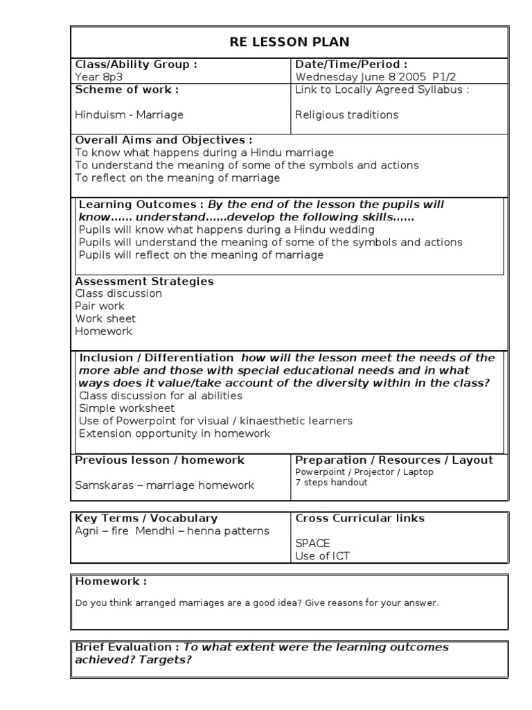 Year 8 Hindu Marriage Lesson Plan | PDF | Lesson Plan | Marriage