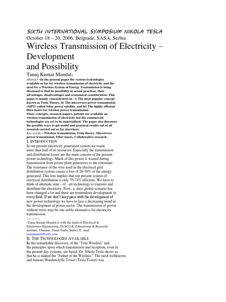 Wireless Transmission of Electricity - Development and Possibility ...