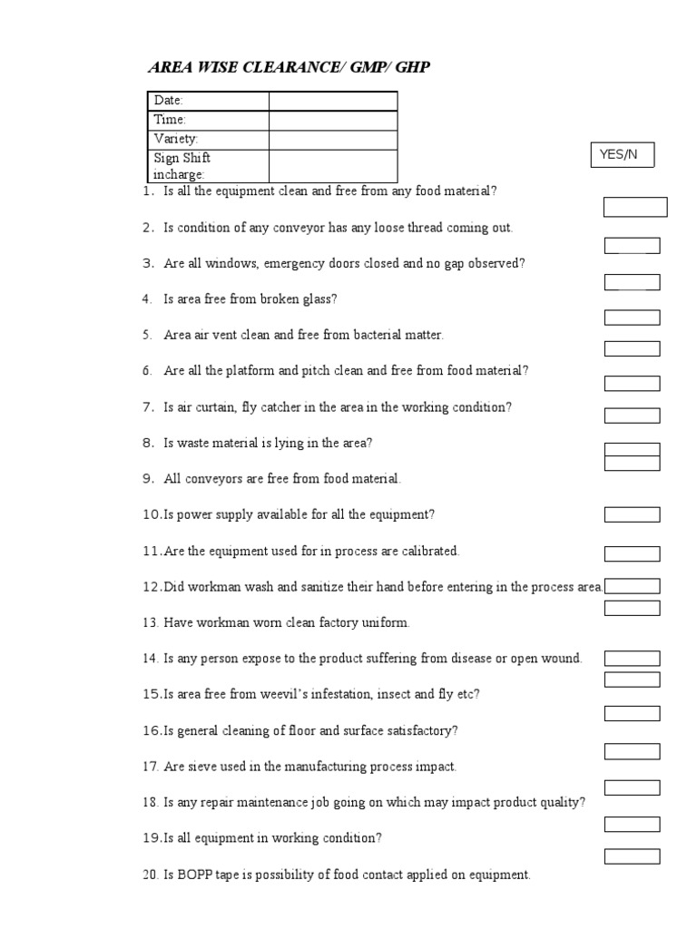 GMP Area Clearance Checklist | PDF
