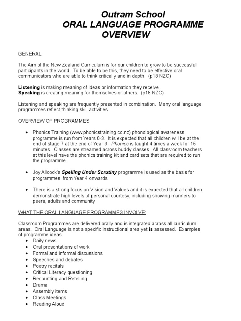 Outram School Oral Language Program Overview | PDF | Phonics ...