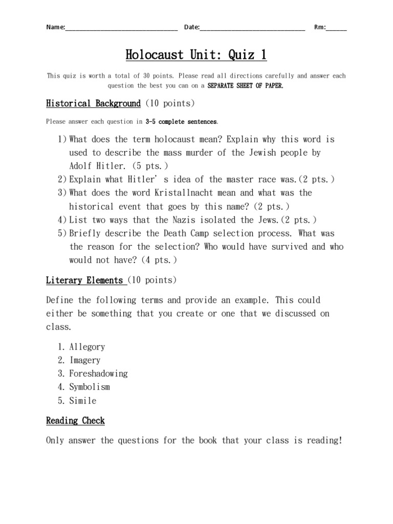Holocaust Unit: Quiz 1: Name: - Date: - RM | PDF