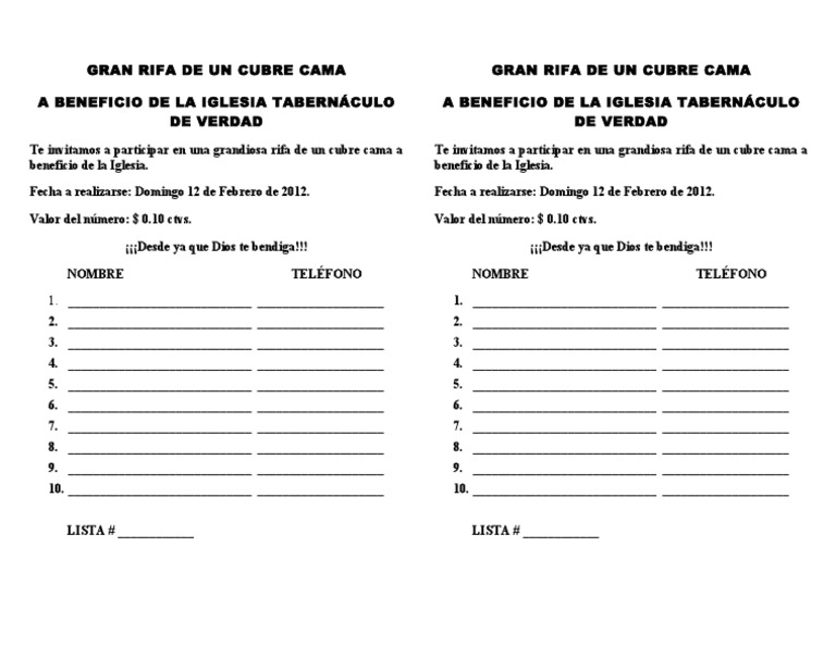 Formato de Rifa Horizontal 2