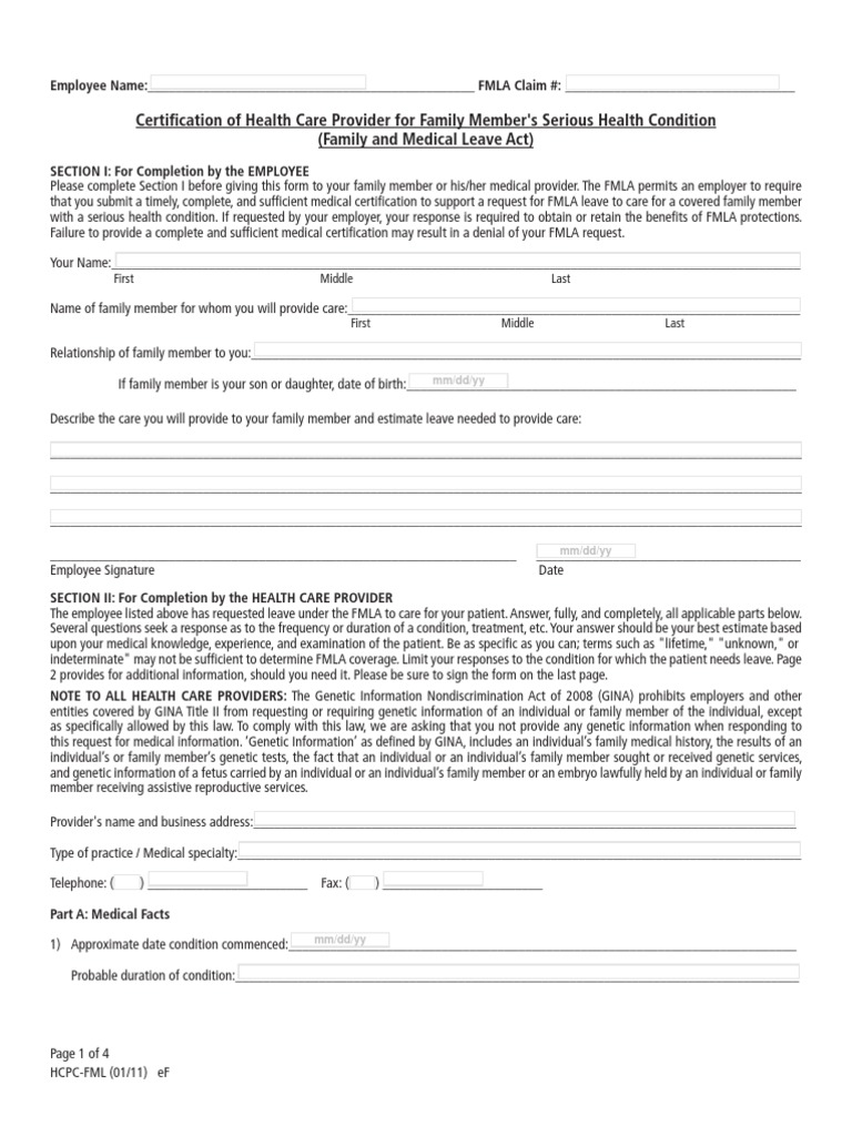 FMLA Blank Form | PDF | Family And Medical Leave Act Of 1993 | Patient