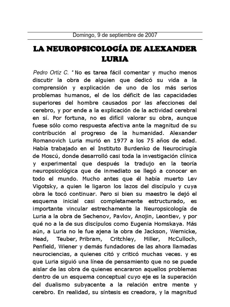 La Neuropsicología de Alexander Luria | PDF | Neuropsicología | Cerebro