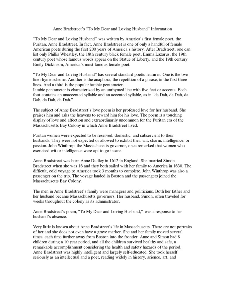 Anne Bradstreet - To My Dear and Loving Husband - Information | PDF ...