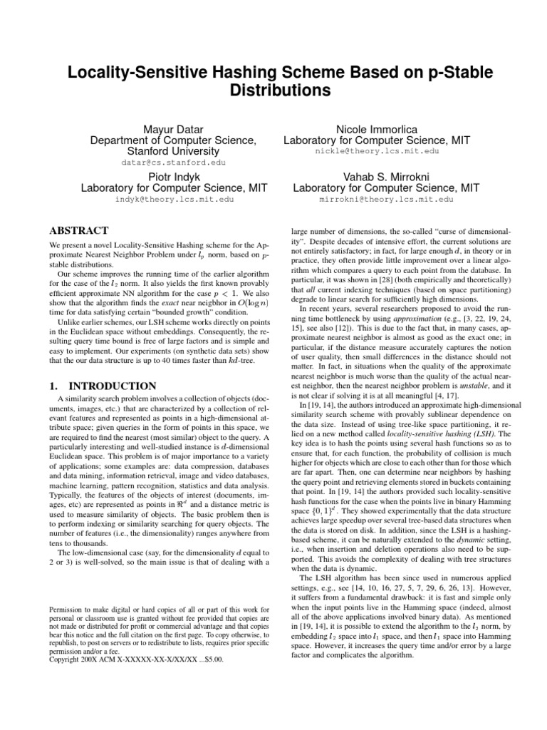 Locality-Sensitive Hashing Scheme Based On P-Stable Distributions | PDF | Probability ...