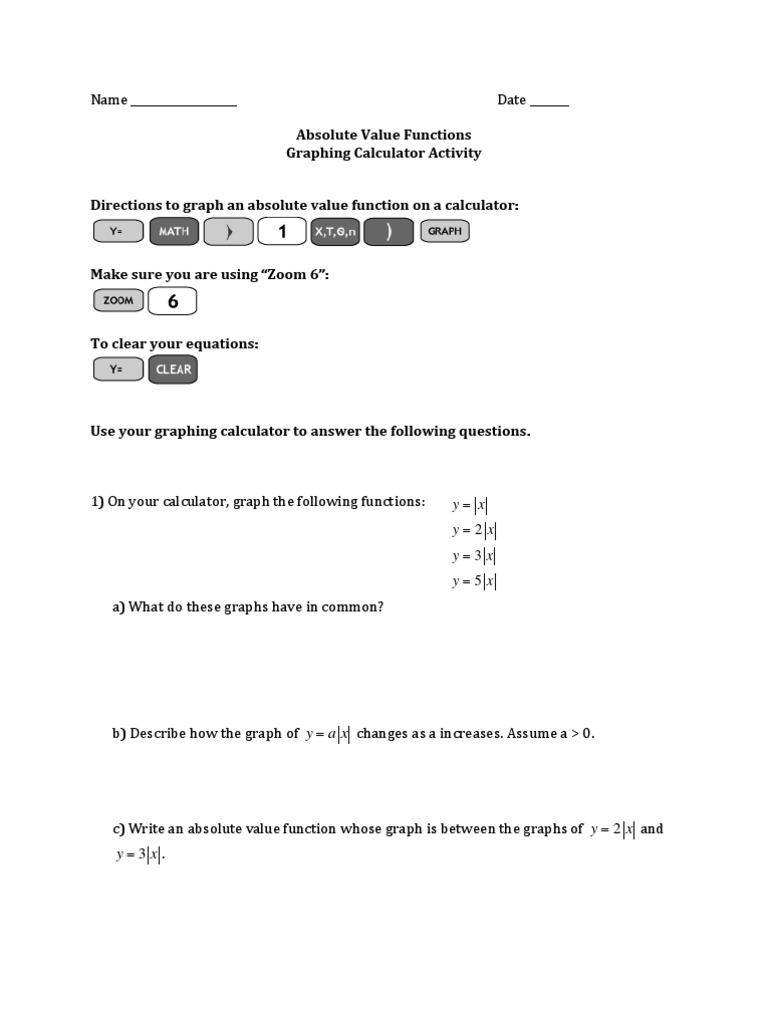 Absolute Value Functions - Graphing Calculator Activity | PDF