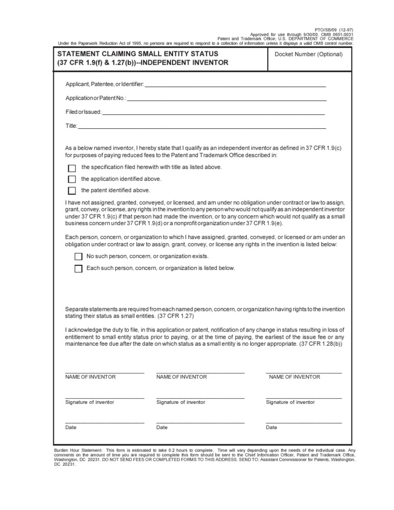 small business entity patent form | Patent | Civil Law (Common Law)