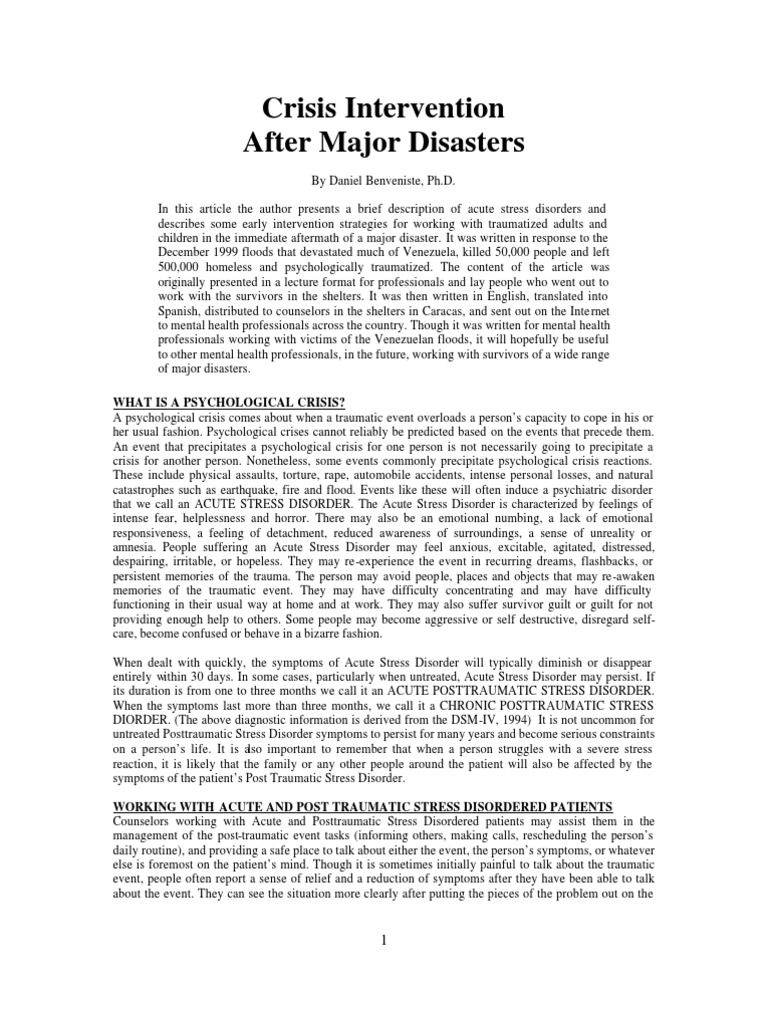 Crisis Intervention After Major Disasters: What Is A Psychological Crisis?