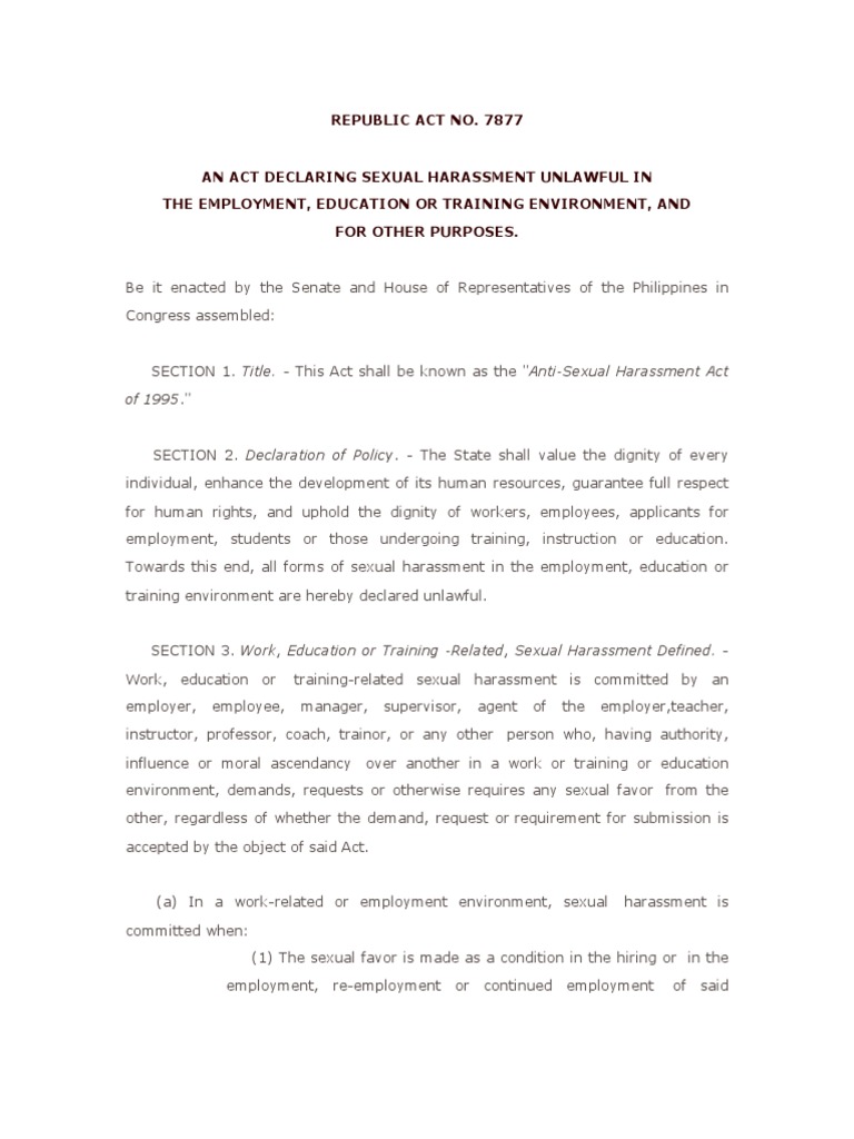 Ra 7877 | PDF | Sexual Harassment | Harassment