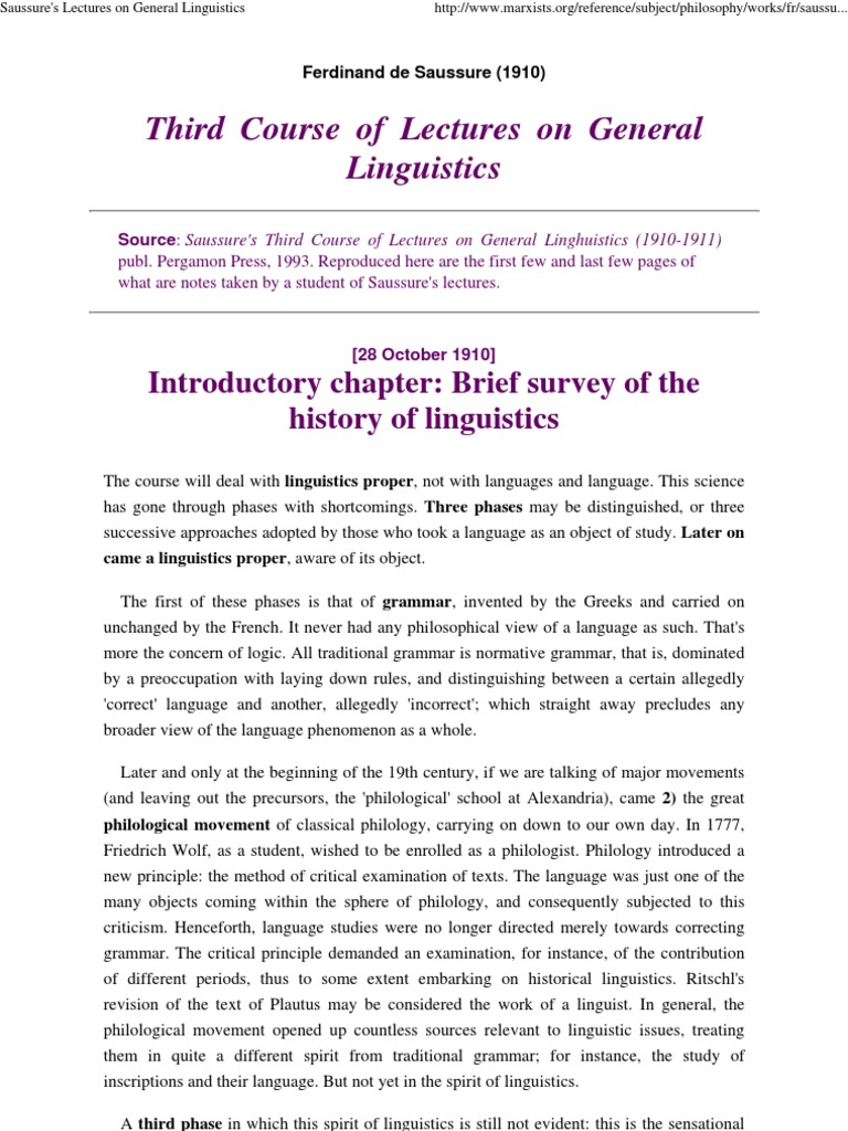 Third Course of Lectures On General Linguistics: Introductory Chapter ...