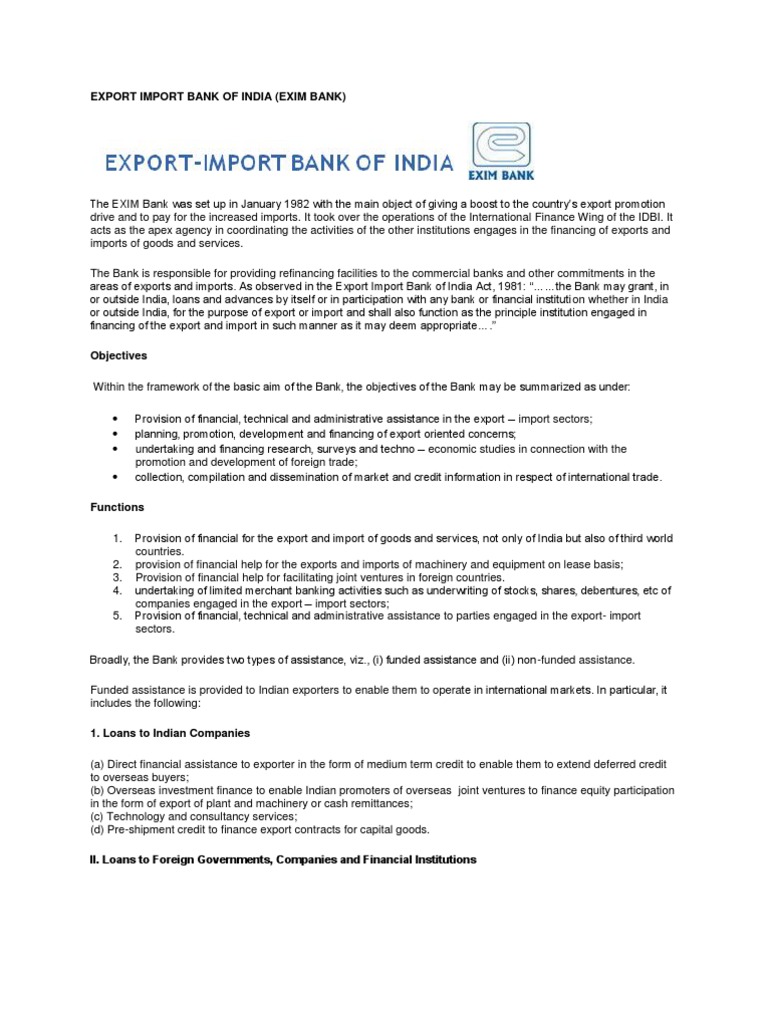 Export Import Bank of India (Exim Bank) | PDF | Credit | Finance ...