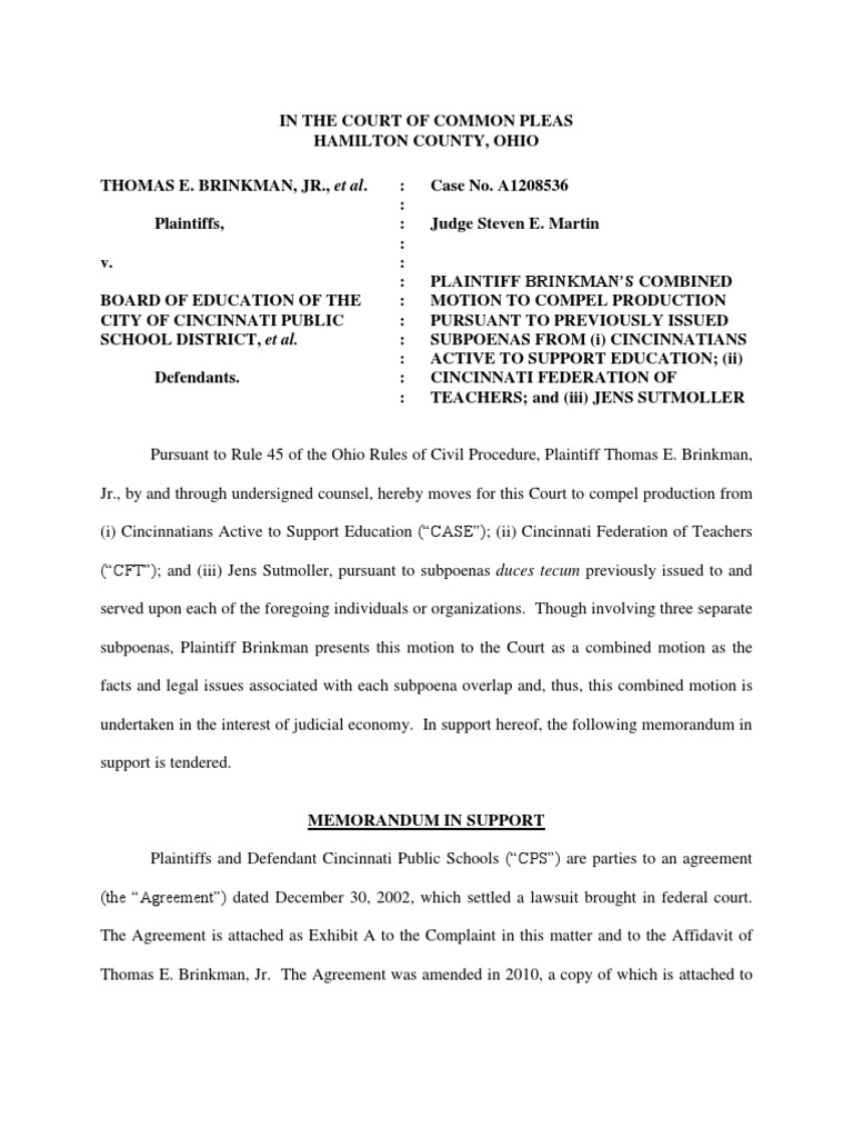 Motion To Compel CPS 2013.01.04 | PDF | Discovery (Law) | Subpoena ...
