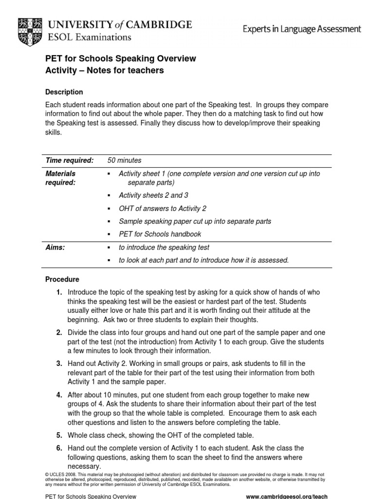 PET For Schools Speaking Overview | PDF | Test (Assessment) | English ...