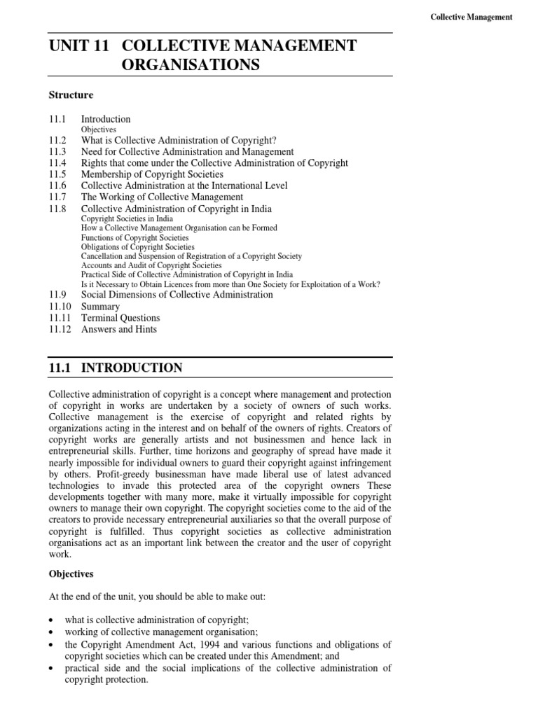 Unit 11 Collective Management Organisations: Structure | Download Free ...