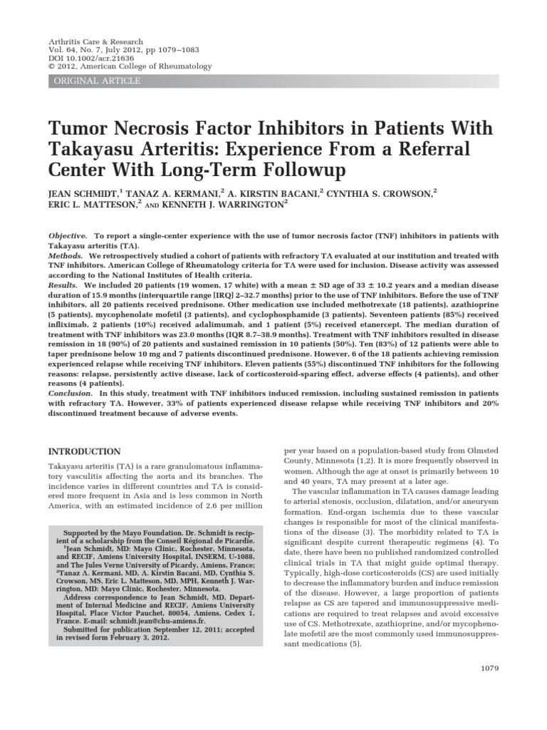 Tumor Necrosis Factor Inhibitors in Patients With Takayasu Arteritis ...