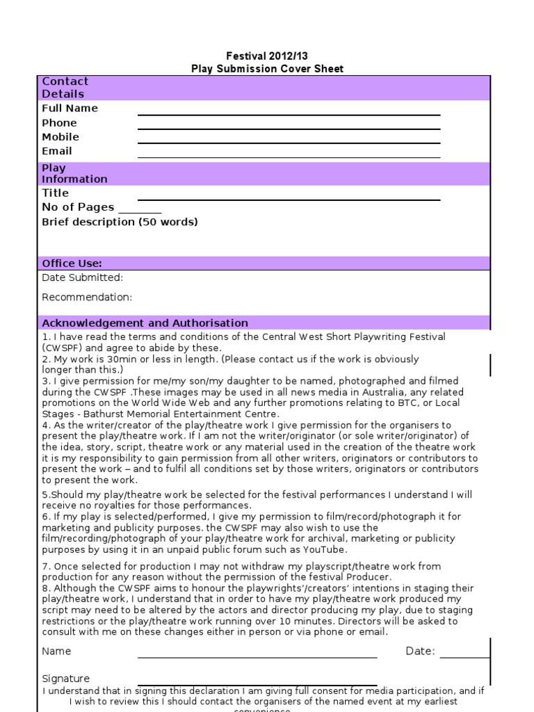 Play Submission Cover Page | PDF | Playwright | Writers