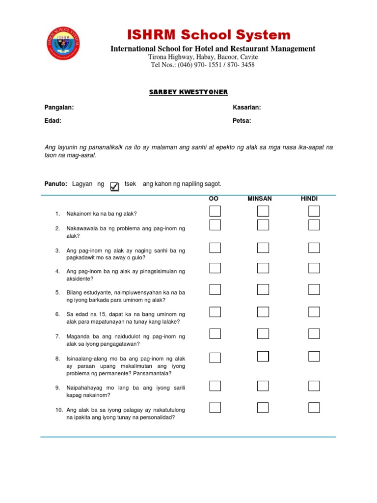 Survey Questionnaire For Alcohol Drinking | PDF