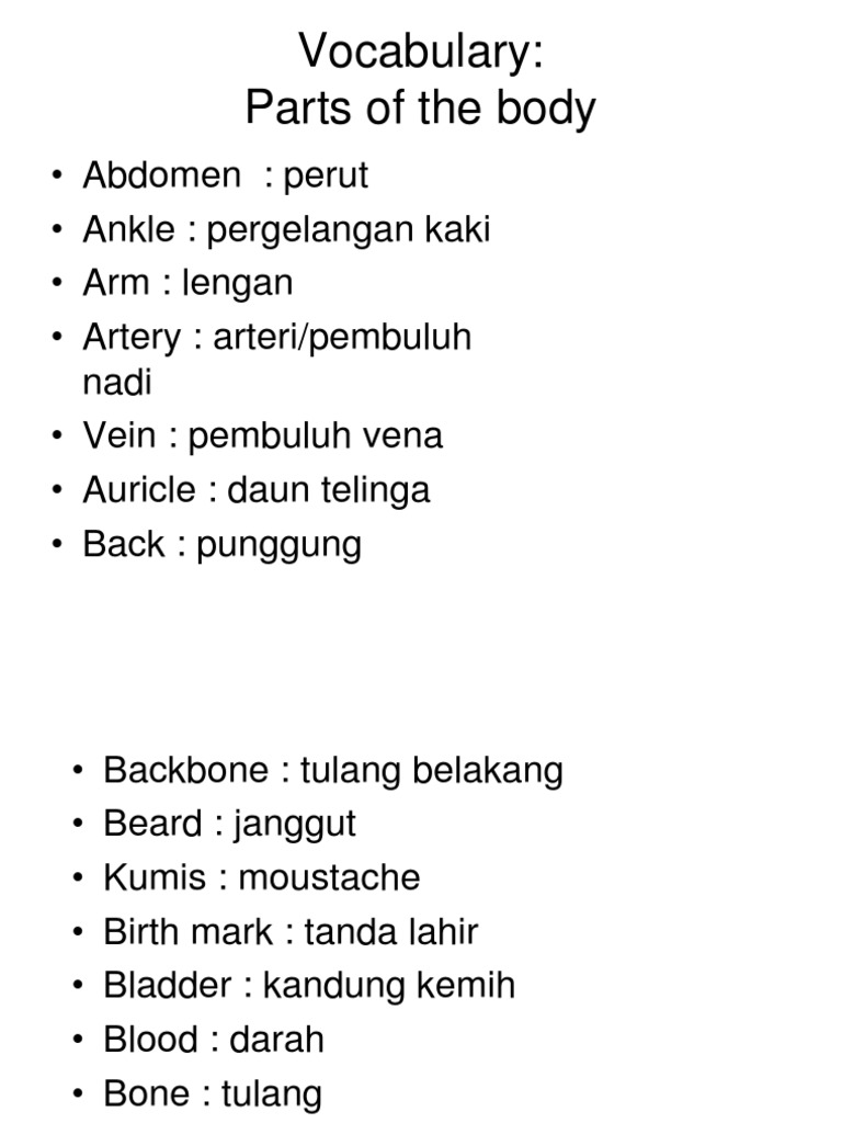 Vocabulary: Parts of The Body | PDF