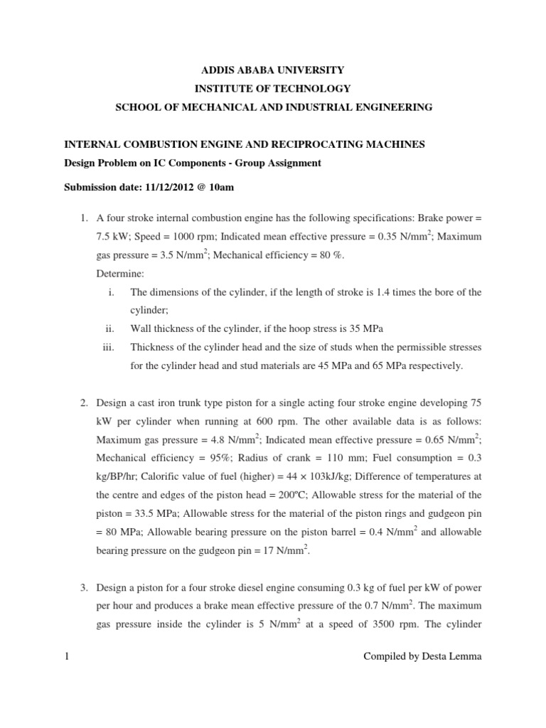 IC Engine Componenets Design Problem | PDF | Piston | Internal Combustion Engine