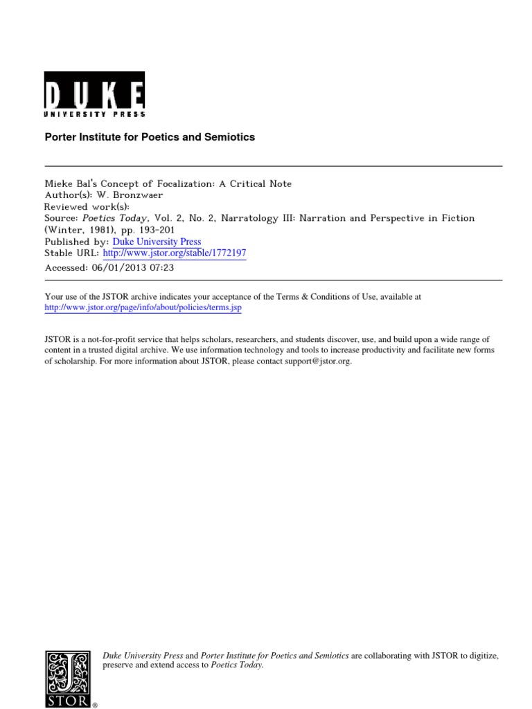 Bronzwaer - MIeke Bal's Concept of Focalization - A Critical Note | PDF ...