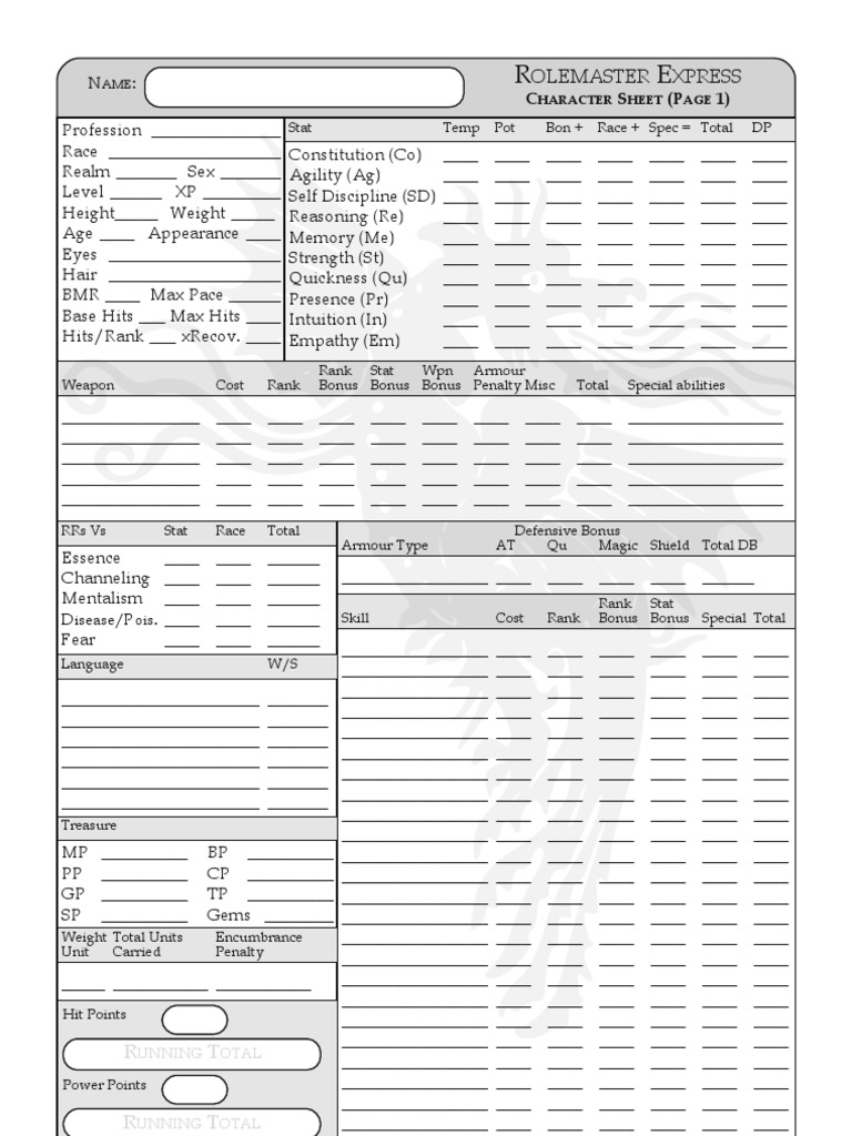 Rolemaster Express Double Sided Character Sheet English Download Free Pdf Role Playing