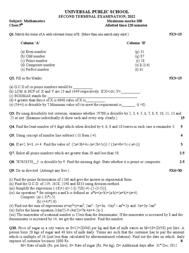 Grade 5 Math Exam Paper | PDF