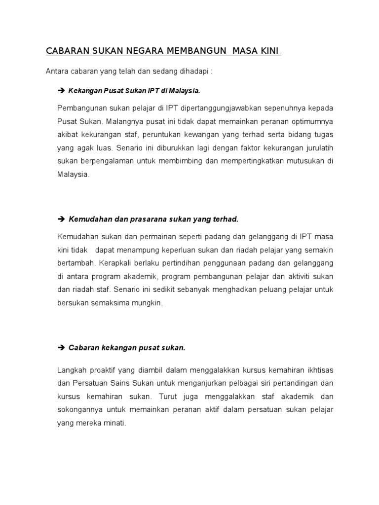 Cabaran Sukan Negara Membangun Masa Kini | PDF