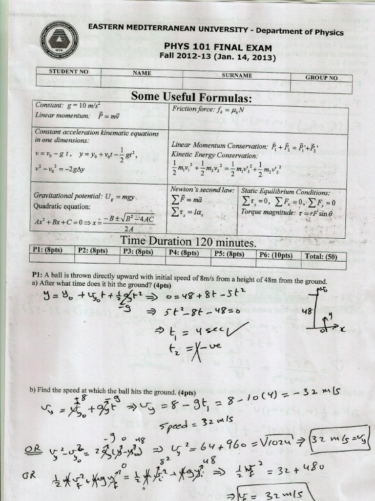 Phys101 Final Exam Solutions 2012-2013 | PDF