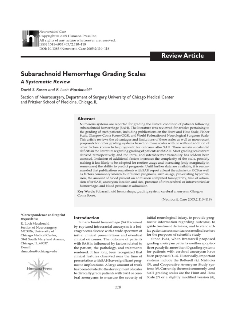 Subarachnoid Hemorrhage Grading Scales | PDF