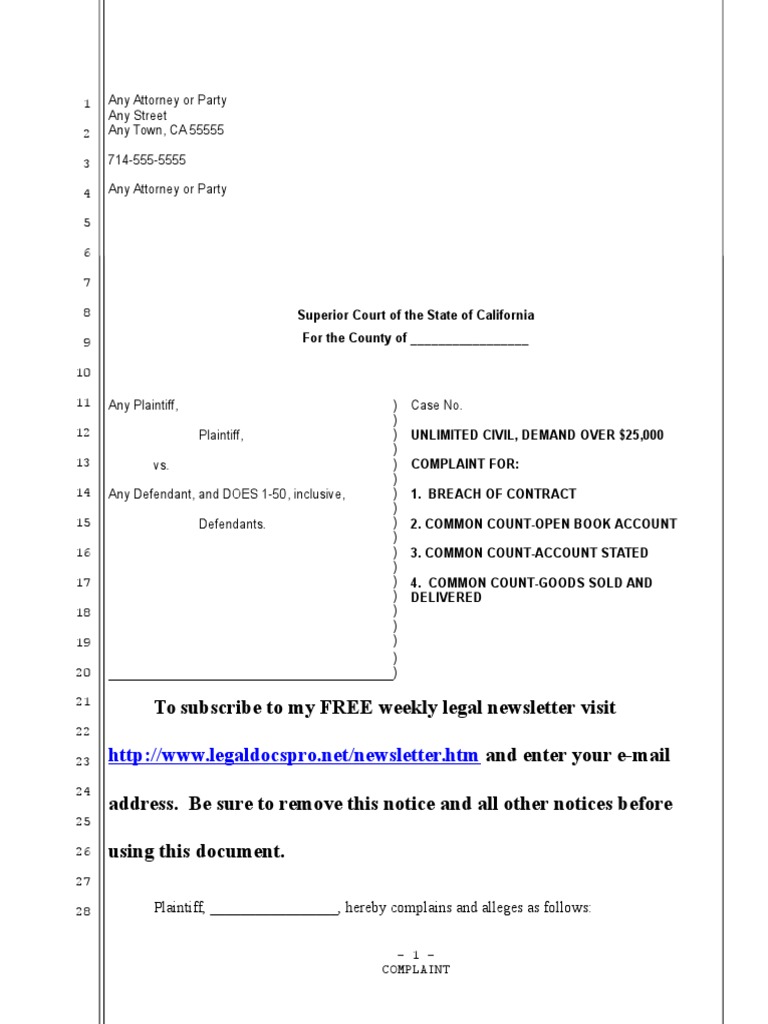 Sample Complaint For California With Alter Ego Allegations | PDF ...
