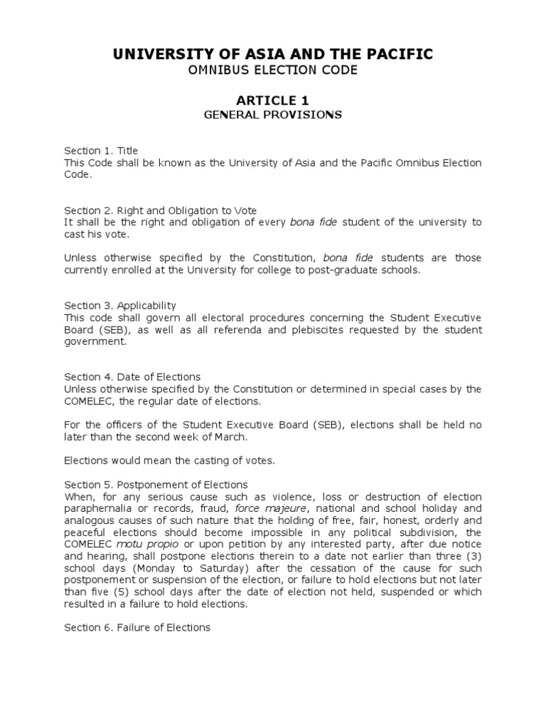 Omnibus Election Code | Ratification | Commission On Elections ...