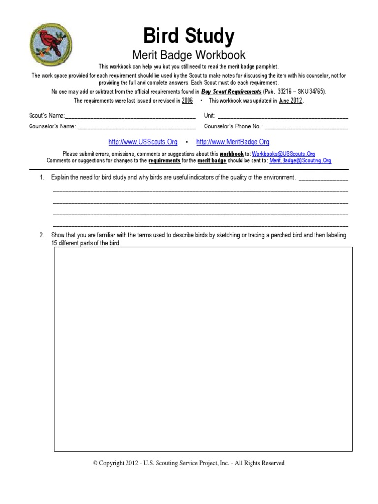 Bird Study: Merit Badge Workbook | PDF | Boy Scouts Of America | Bird ...