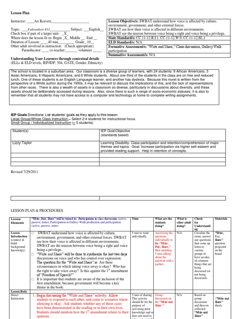 3 Fahrenheit 451 Lesson Plan | PDF | Individualized Education Program | Lesson Plan