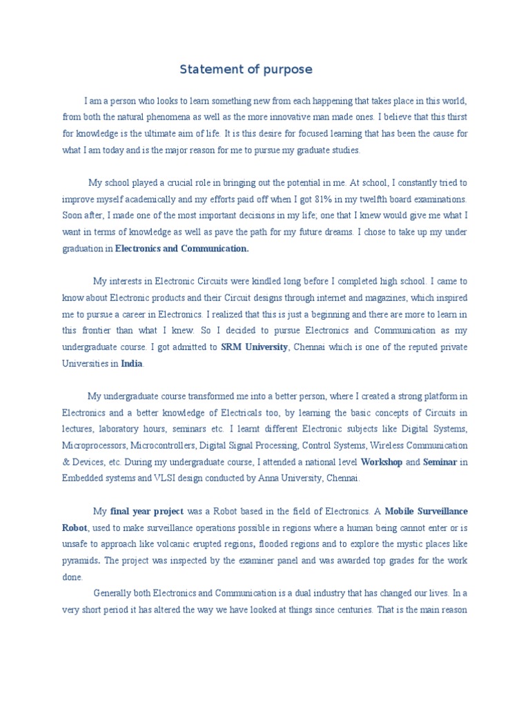 Statement of Purpose | Electronics | Electrical Engineering