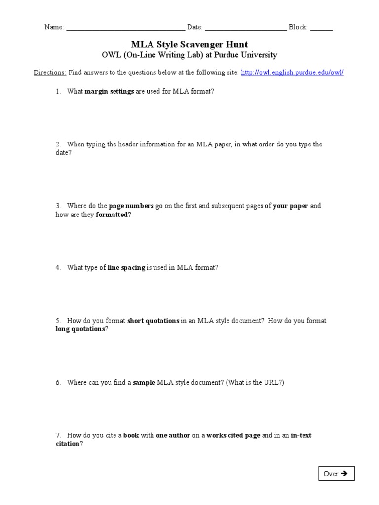 MLA Scavenger Hunt Sheet | PDF | Citation | Publishing