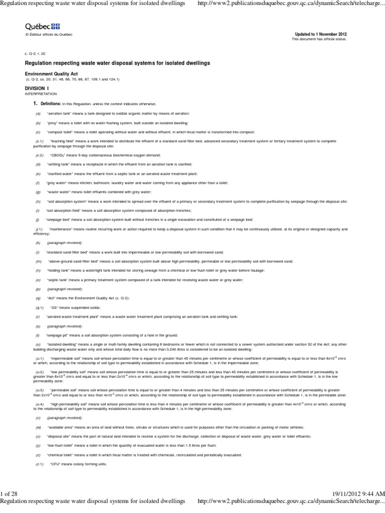 Quebec Regulation Respecting Waste Water Disposal Systems For Isolated ...