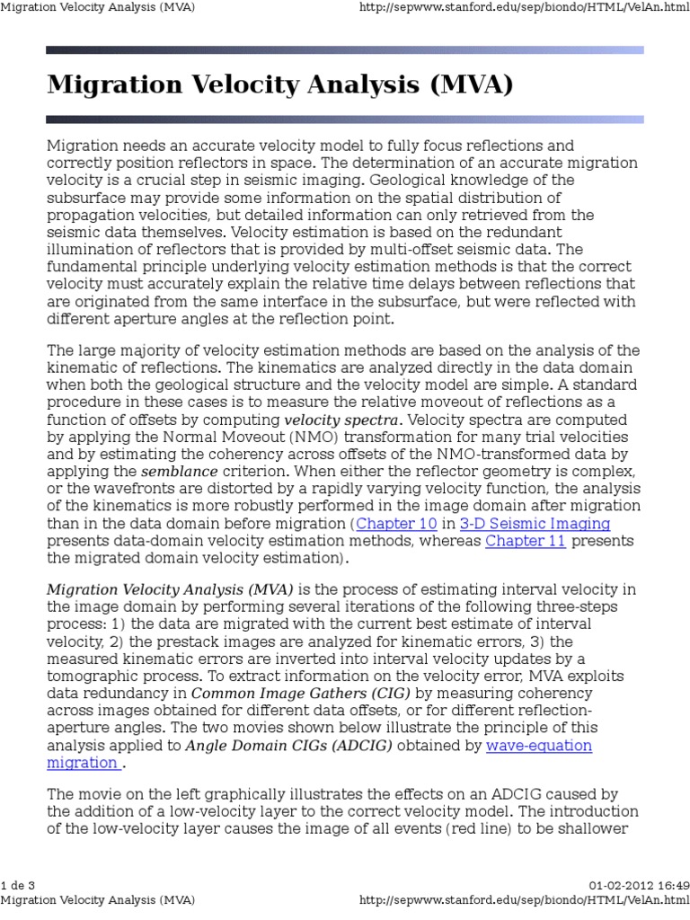 Migration Velocity Analysis (MVA) : 3-D Seismic Imaging | PDF | Reflection Seismology | Kinematics