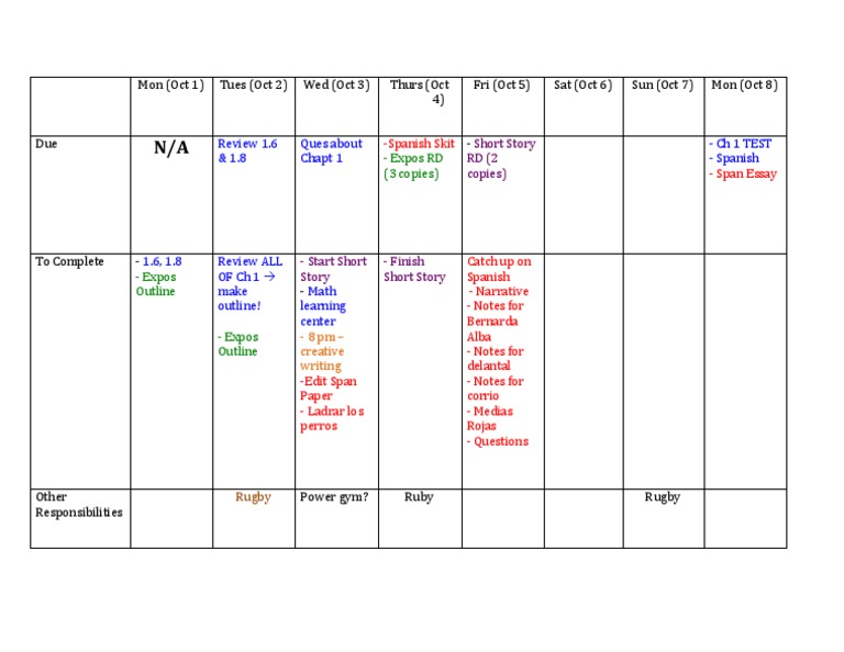 Weekly Study Schedule and Assignments | PDF | Foreign Language Studies