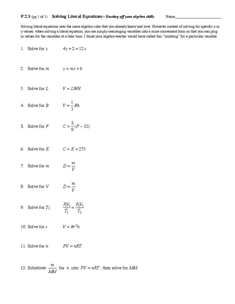 Solving Literal Equations Guide | PDF