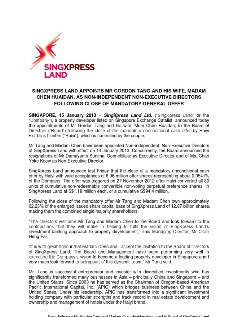 SXL - 150113 - SingXpress Land Appoints MR Gordon Tang and His Wife ...
