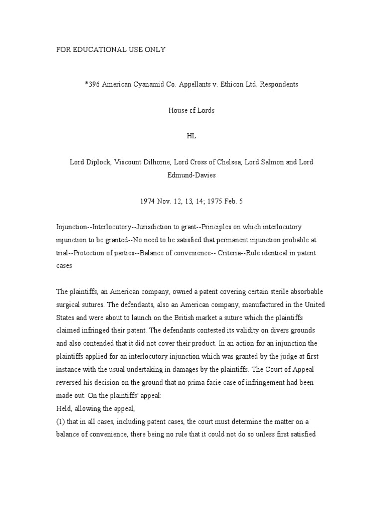 American Cyanamid - Full Case | PDF | Injunction | Damages
