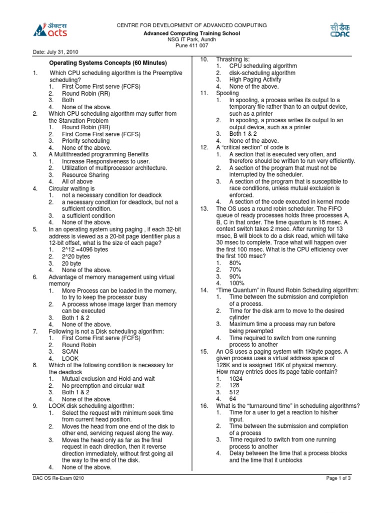OS CDAC Question Paper | PDF | Scheduling (Computing) | Process (Computing)