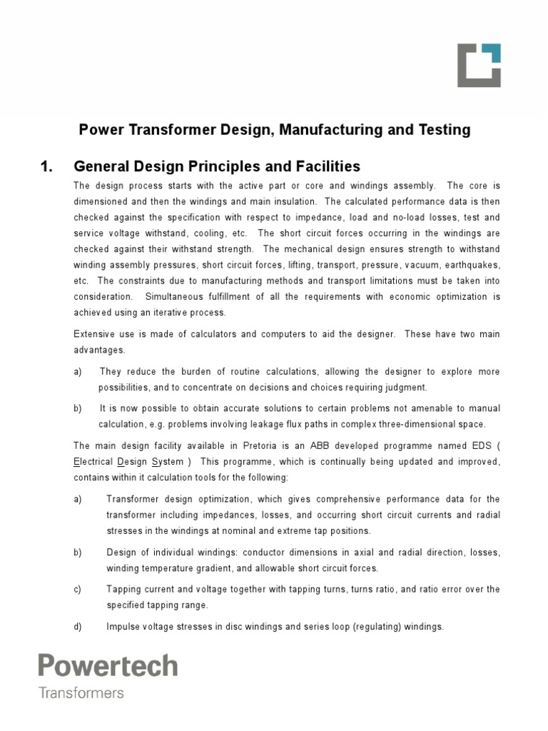 Power Transformer Design, Manufacturing and Testing | PDF | Transformer ...