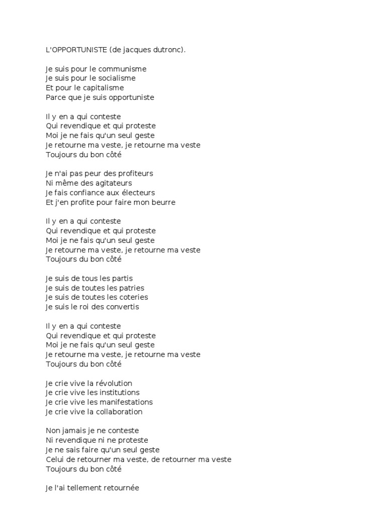L'OPPORTUNISTE (De Jacques Dutronc | PDF | Politique